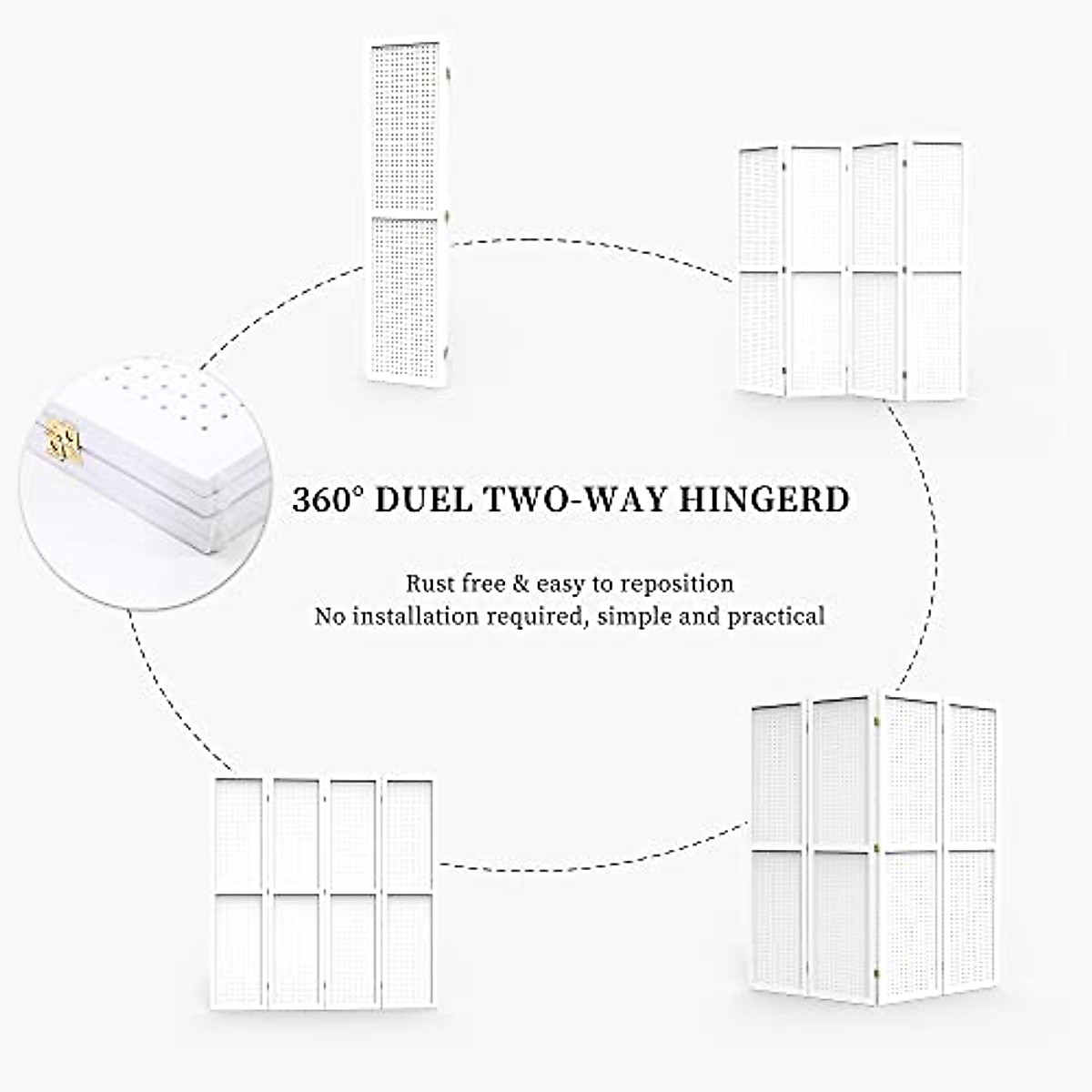 DURASPACE 4 Panel Room Divider 5.6 FT Pegboard Display Folding Wood Privacy Screen Pegboard Stand Organizer for Jewelry, Craft, Cloth, Art Display (White)