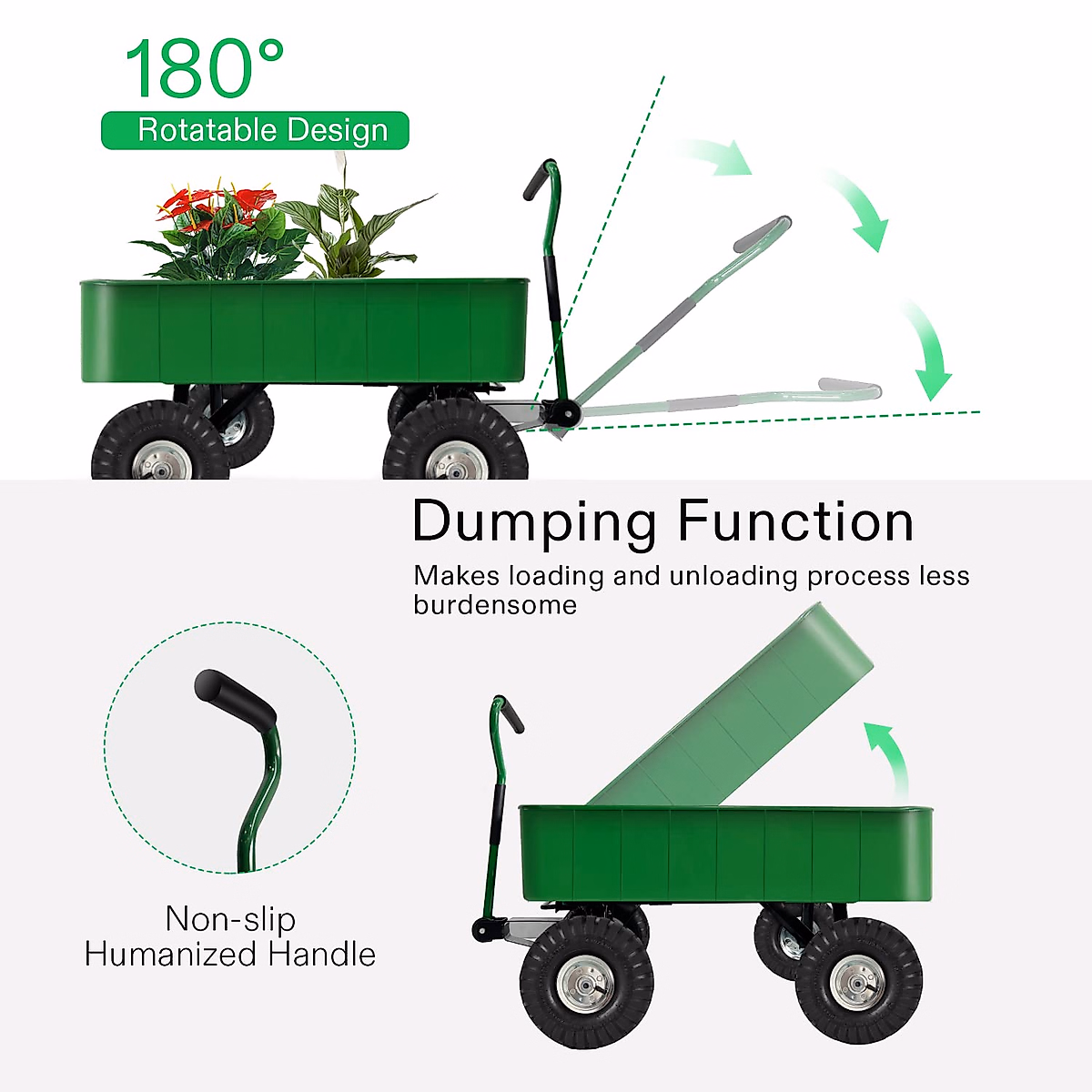 VIVOSUN Heavy-Duty Garden Dump Cart, 600-Pound Capacity, Multifunctional Pulling Wagon with 10" Pneumatic Tires for Outdoors, Lawns, Yards, Farms, and Ranches, Green