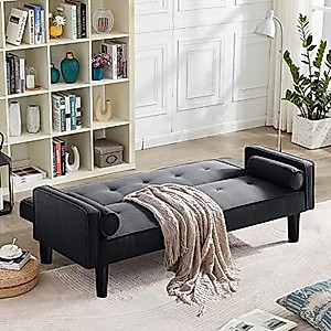 Hooseng Modern Futon Sofa Bed, Upholstered Convertible Folding Sofa Couch with 2 Bolster Pillows, Button Tufted Fabric Couch for Small Spaces, Living Room, Lounge, Apartment, Office, Blue