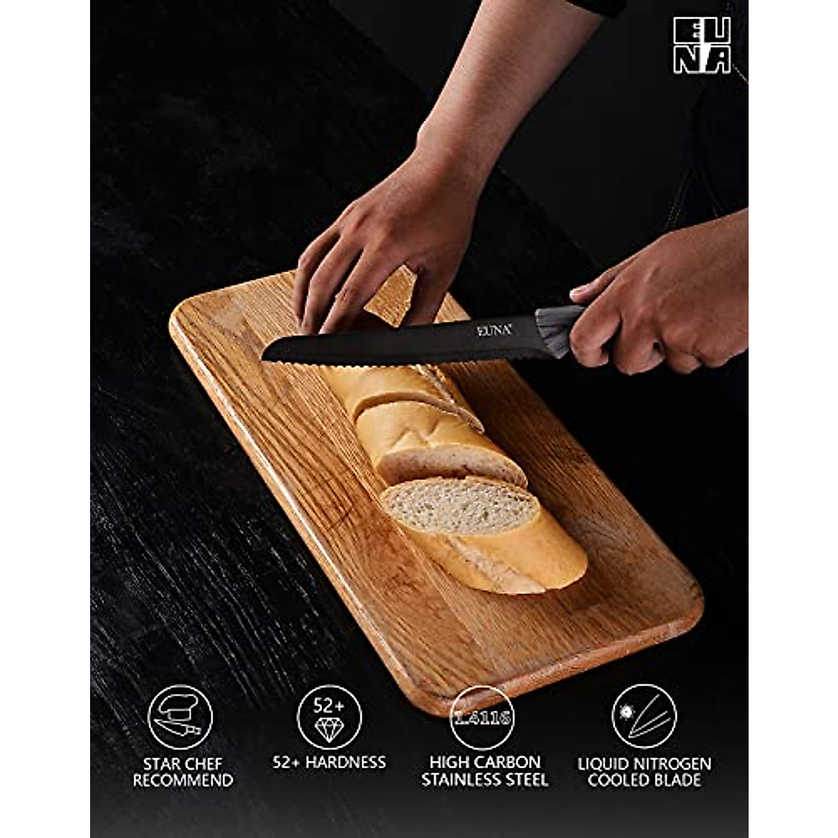 EUNA Serrated Bread Knife, 8 Inch Bread Cutter With Sheath & Gift Box, Stainless Steel Utility Knife for Slicing Homemade Bread, Bagels, Cake, Non-stick Coating