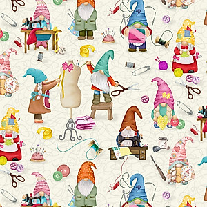 Generic Timeless Treasures Sew Many Gnomes CD2484 Cream Sewing Gnomes Fabric, Mixed