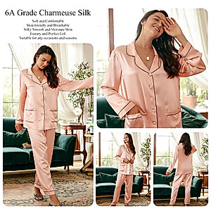 COLD POSH Womens Silk Pajamas Set Slim Fit Long Sleeve Classic Sleepwear Luxury 100% Mulberry Silk Luxury 22 Momme Loungewear,Pink,XL