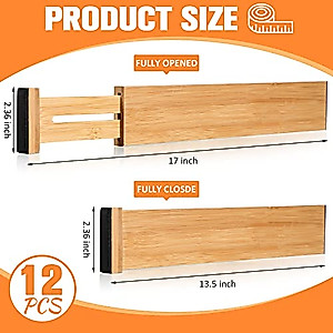 Reginary 12 Pcs Bamboo Drawer Dividers 13.5-17" Adjustable Drawer Organizers Fits Standard Drawers Bamboo Divider Organizer Spring Loaded Separators for Kitchen Bedroom Bathroom Dresser Office