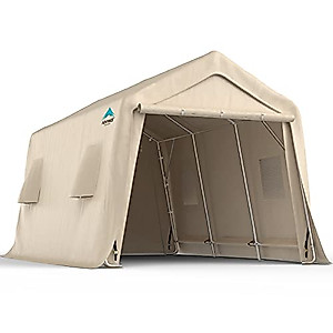 ADVANCE OUTDOOR 10X15 ft Garage Shelter Steel Metal Peak Roof Anti-Snow Portable Storage Shed Carport for Motorcycle Boat or Garden Tools with 2 Roll up Doors & Vents, Beige