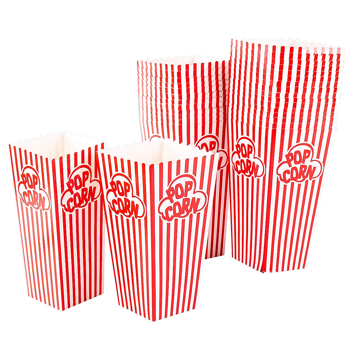 GSM Brands Popcorn Containers Boxes (100 Pack) - Striped White and Red Paper - for Home Movie Theater