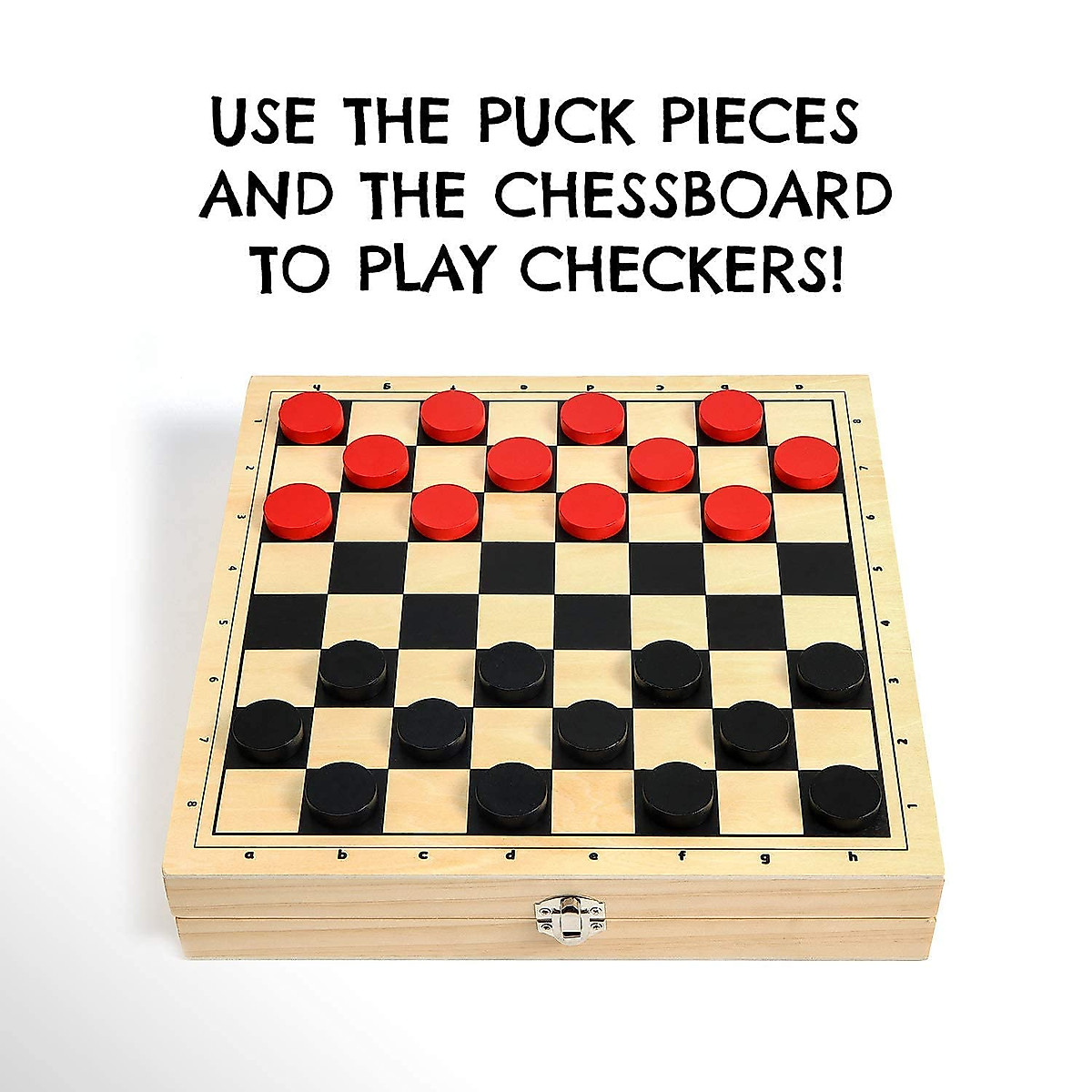 LARGE 4 in 1 Chess Board Set, Sling Puck Game, Checkers, Tic Tac Toe - Wooden Hockey, Table Games for Family Games, Kids, Adults - 59 pc. Set Super Board Games Fast Sling Hockey Table Game