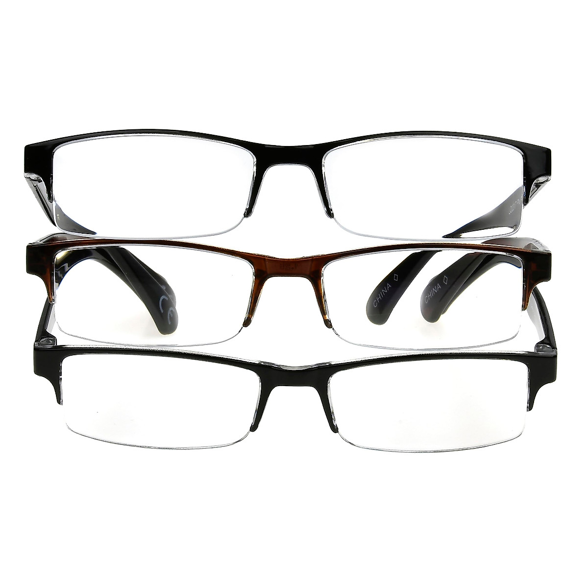 Foster Grant Men's Pete Rectangular Reading Glasses, Black and Brown, 3 Pack, 1.25x