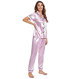 Floerns Women's Printed Two Piece Short Sleeve Sleepwear Long Pants Pajamas Sets Pink White Striped M