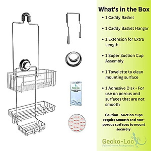 Gecko-Loc Long Adjustable Length Deep Storage Over the Showerhead Hanging Shower Caddy Organizer - Silver