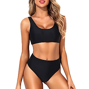 Tempt Me Women Black Two Piece Scoop Neck Bikini Crop Top Swimsuit Sporty High Waisted Bathing Suit Suit XL