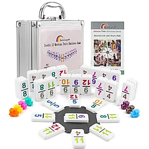 Kalolary Double 12 Mexican Train Dominoes, 91 Tiles Dot Dominoes Games in an Aluminum Case with 9 Trains Instruction Booklet Score Pads and Octagon Shape Hub (Dots Style)