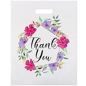 POPGIFTU Floral Thank You Plastic Bags 50 Pack 12" x 15" Thank You Bags for Small Business, Thank You Shopping Bags with Handles, for Boutique, Retail, Gift Bags, Clothes, Party Favors