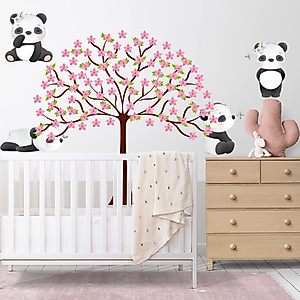 Panda Cherry Blossom Tree Wall Decal Baby Animals Nursery Wall Stickers Art Panda Kids Room Wall Decor