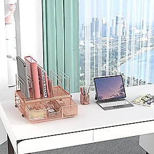 Cisily Desk Organizers and Accessories, 5 Vertical File Holders Home Office Supplies, Desktop Organization with Drawer and Pen Holders, Rose Gold