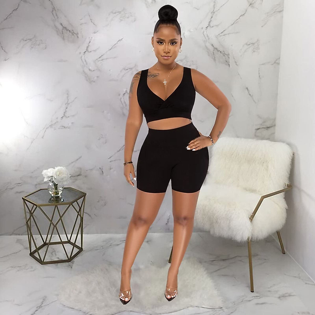 Womens Workout Set Ribbed Two Piece Outfits Athletic Gym Sport Yoga Sets Running Wrap Crop Tank Tops and Shorts Black XL