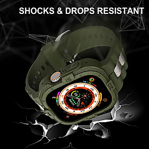 GELISHI Bands Compatible for Apple Watch Ultra 2/1 49mm Band, Rugged Protective Case with TPU Sport Band Military Shockproof Bumper Case for Apple Watch 49mm Men, Army Green