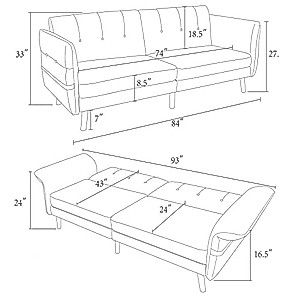 DENOSEN First-Class Cabin Futon Couch Bed with Convertible Back and Armrests, Includes 2 Free Pillows and Supports Up to 600lbs: Modern 3 Seater Sleeper with Wooden Leg Sofabed, 84'', Orange Polyester