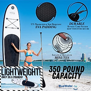 Blue Water Toys Portable Inflatable Stand Up Paddle Board Kit with Pump, Backpack, Coil Leash, and Repair Kit, SUP 350 Pound Limit, 11 Feet by 34 Inches