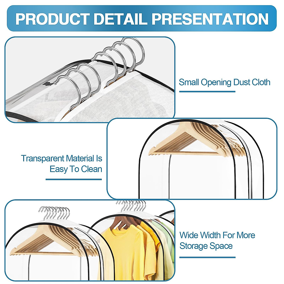 Hiitytin 40" Clear Garment Bags for Hanging Clothes, 4 Pcs Garment Covers with 10" Gusseted & Side Zipper - Hanging Clothes Storage Bag for Closet, Suit, Coat, Shirt, Dress Bags