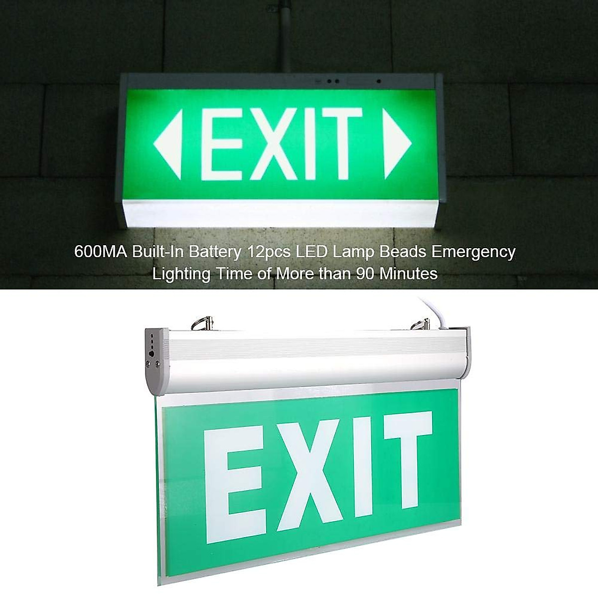 Emergency Exit Sign, Acrylic Double-sided Green Compact Combo Exit Sign Emergency Light 3W 12 LEDs Emergency Exit Lighting Sign Safety Evacuation Indicator Lamp for Malls, Hotels, Hospitals, etc