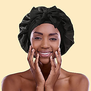 Satin Bonnet for Women Hair Bonnet for Sleeping Large Double Layer Silk Sleep Cap with Wide Elastic Band Hair Cap for Sleeping with 45PCS Waterproof Disposable Shower Caps (Black)