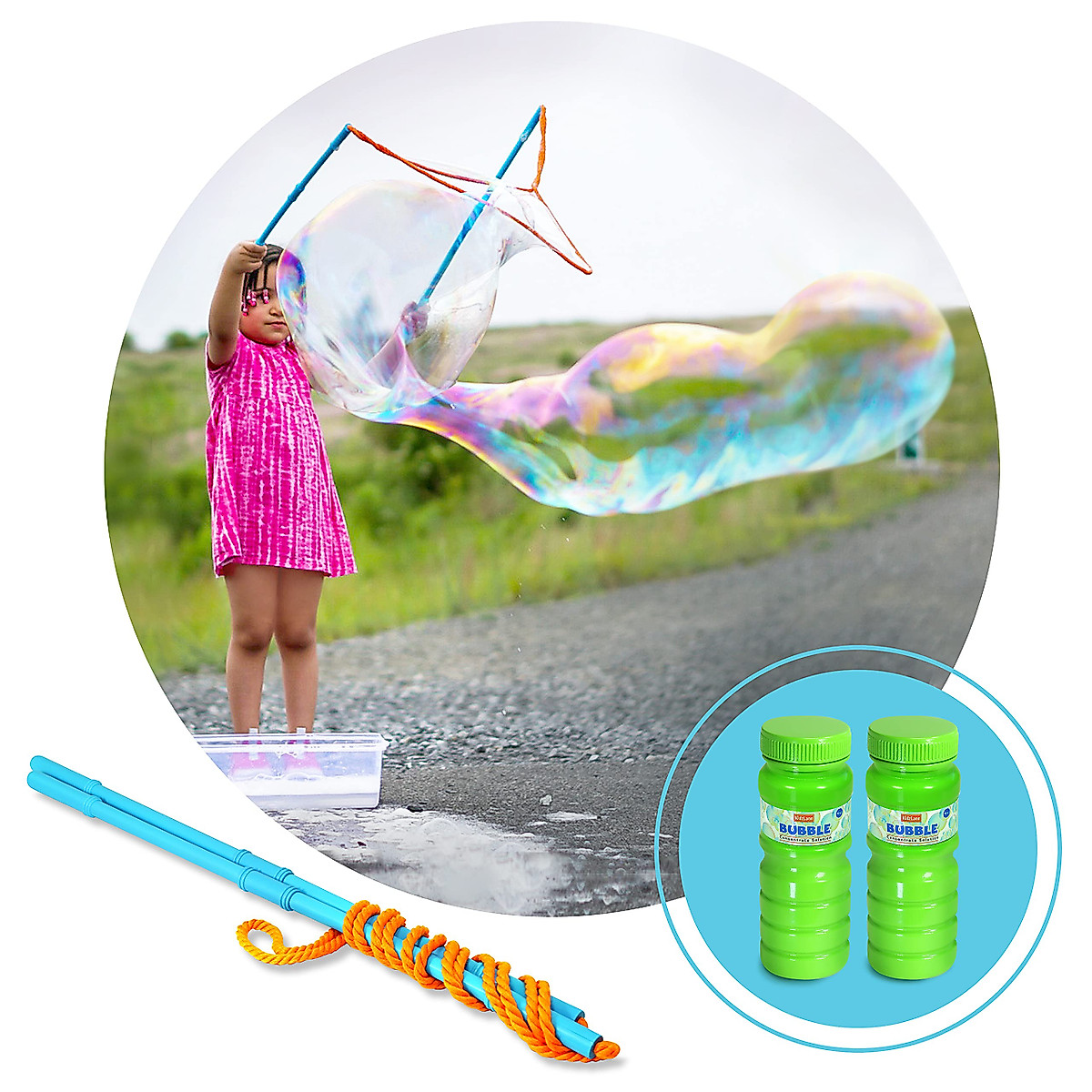 Kidzlane Bubble Wand with 24 oz of Mixed Giant Bubble Solution | Giant Bubble Wands for Kids | Outside Toy Big Bubble Maker | Bubble Toys for Outdoor Play Ages 3plus