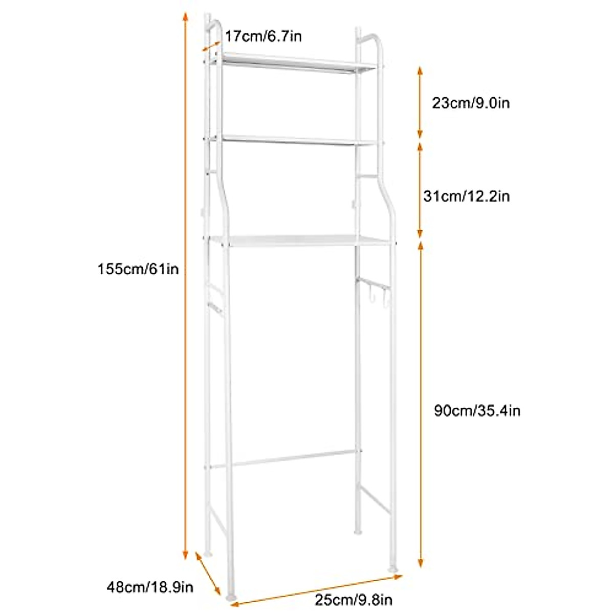 Over The Toilet Storage Rack,3-Tier Industrial Bathroom Storage Shelf With Steel Frame Above Toilet Storage Shelf Floor Free Standing Anti-Tilt Metal Frame Shelf Organizer Bathroom Furniture,White