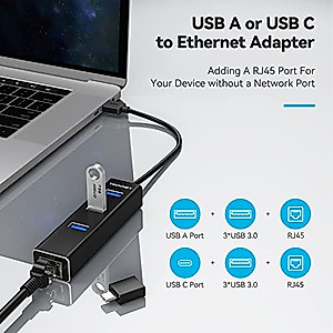TECKNET USB to Ethernet Adapter, USB C to Ethernet, Aluminum 3 Port USB 3.0 Hub with RJ45 10/100/1000 Gigabit Ethernet Adapter Converter LAN Wired, USB Network Adapter with USB C Adapter for Laptop
