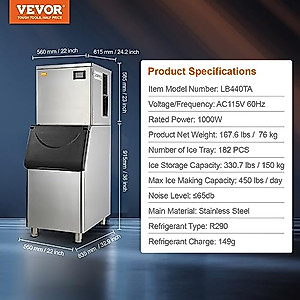 VEVOR Commercial Ice Maker, 450LBS/24H Ice Making Machine with 330.7LBS Large Storage Bin, 1000W Auto Self-Cleaning Ice Maker Machine with 3.5-inch LED Panel for Bar Cafe Restaurant Business
