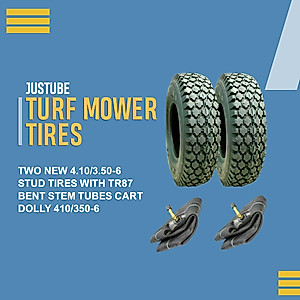 Two New 4.10/3.50-6 Stud Tires with Tr87 Bent Stem Tubes Cart Dolly 410/350-6, Enhanced Traction and Durability, Complete Tire Solution for Cart and Dolly Enthusiasts