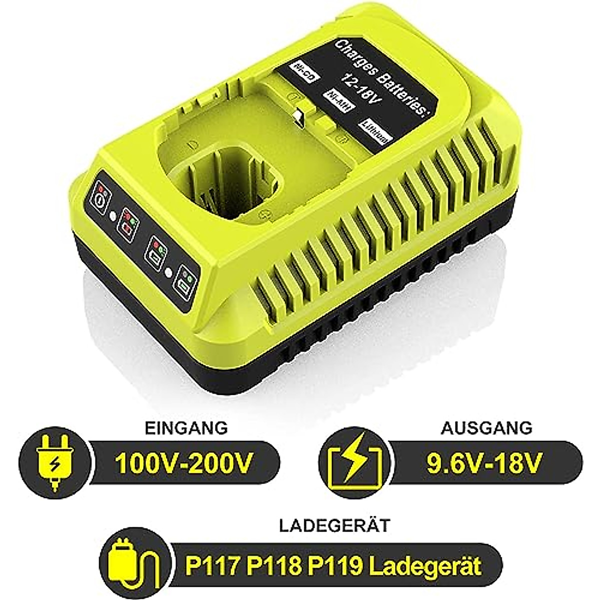 Powilling P117 Dual Chemistry IntelliPort Charger Li-ion & Ni-cad Ni-Mh Battery Charger 12V MAX and 18V MAX for Ryobi ONE Plus