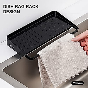 YOHOM Black Suction Cup Sponge Holder for Kitchen 2-in-1 in Sink Dish Rag Holder for Undermount Sink Plastic Scrubber Sponge Tray Organizer, Installation Size 9.06" L x 3.15" W