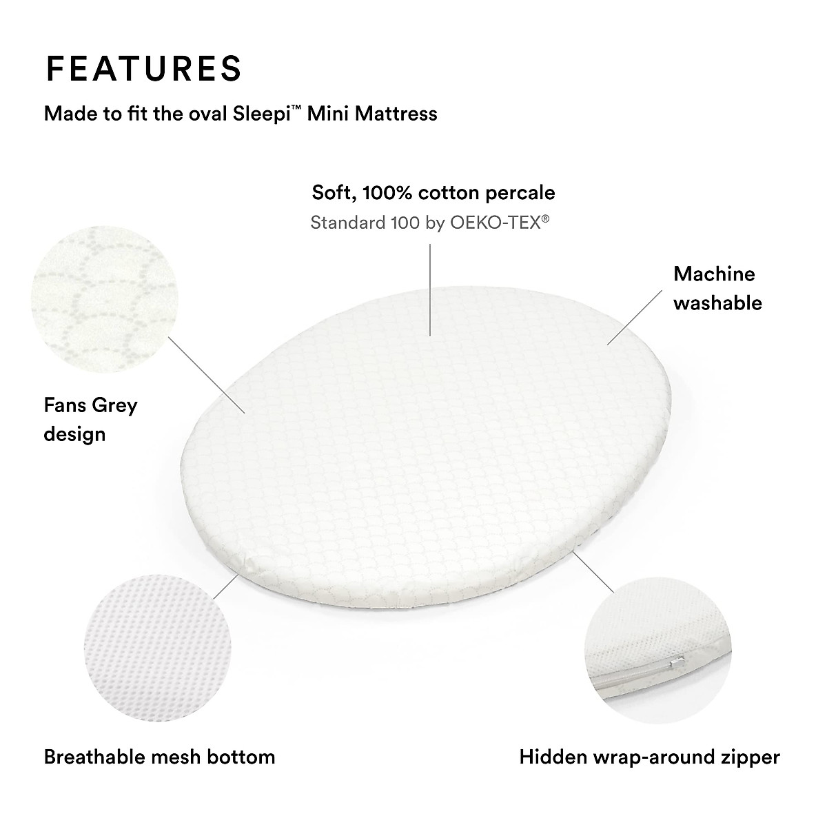 Stokke Sleepi Mini Fitted Sheet, Fans Grey - Soft Sheets for Sweet Dreams - Made for The Oval Sleepi Mini Mattress - Safe, Stylish & Washable - 100% Fine Cotton Percale