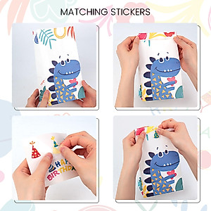 JOHOUSE 24PCS Dinosaur Party Favor Bags, Paper Gift Bags with Stickers Treat Bags Dinosaur Goodie Bags for Birthday Baby Shower