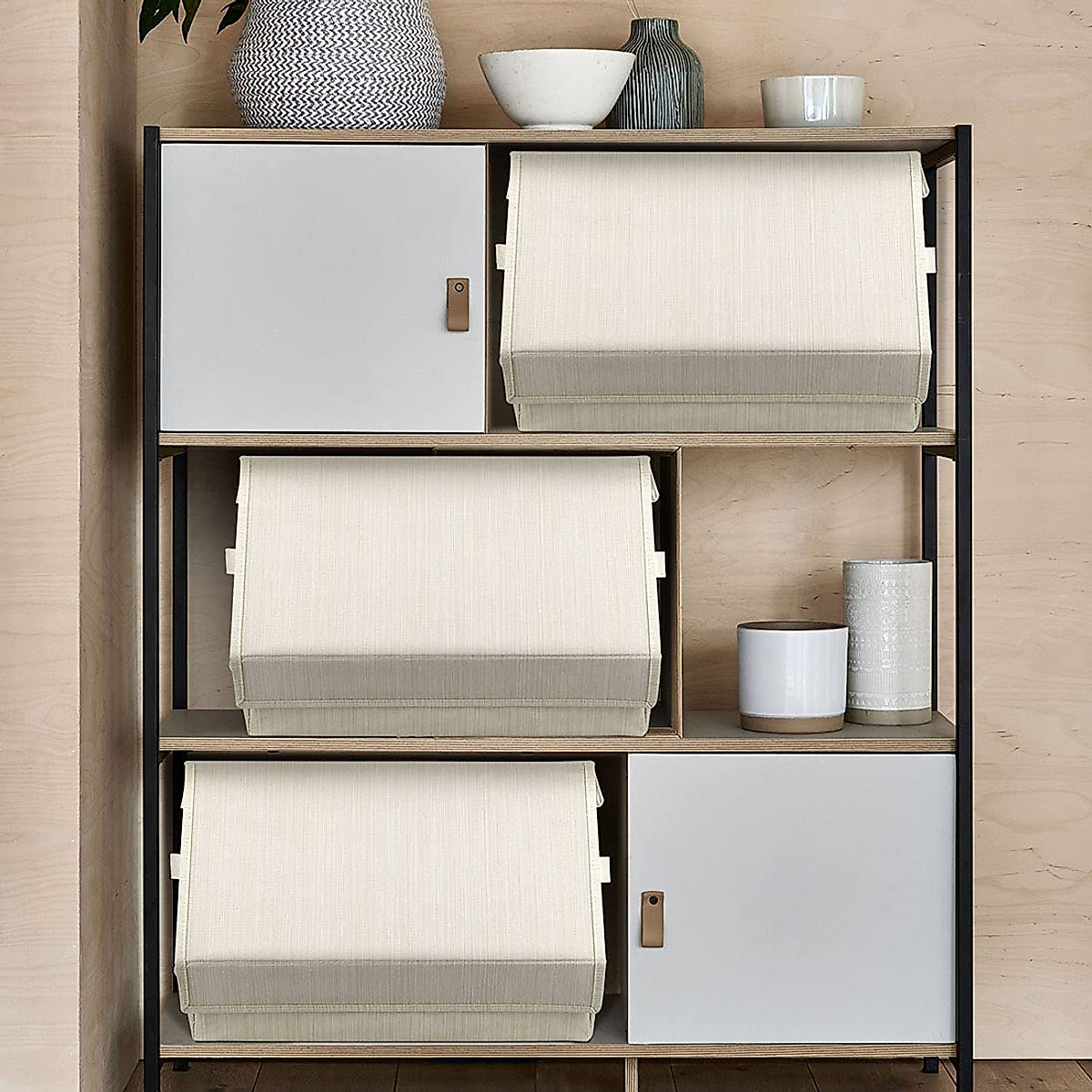 i BKGOO Set of 2 Stackable storage bins,Linen Fabric Foldable Storage Organizer Cubes Box whits Lids and Own-Handle Storage Organizer Bins for Home Office Nursery Living Room Beige 15x10.5 x10inch