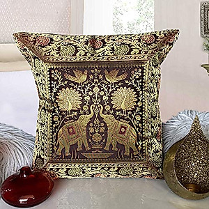 DecorHack by Arusaya Elephant Design Solid Silk Brocade 17 X 17 Inch Sofa Décor Throw Pillowcase (Brown)