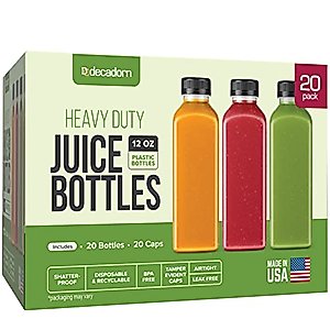 DECADORN 12oz Plastic Juice Bottles For Juicing - 20 Pack Plastic Bottles With Caps - MADE IN USA Juicing Bottles Reusable With Lids - Juicer Bottles With Tamper Evident Caps
