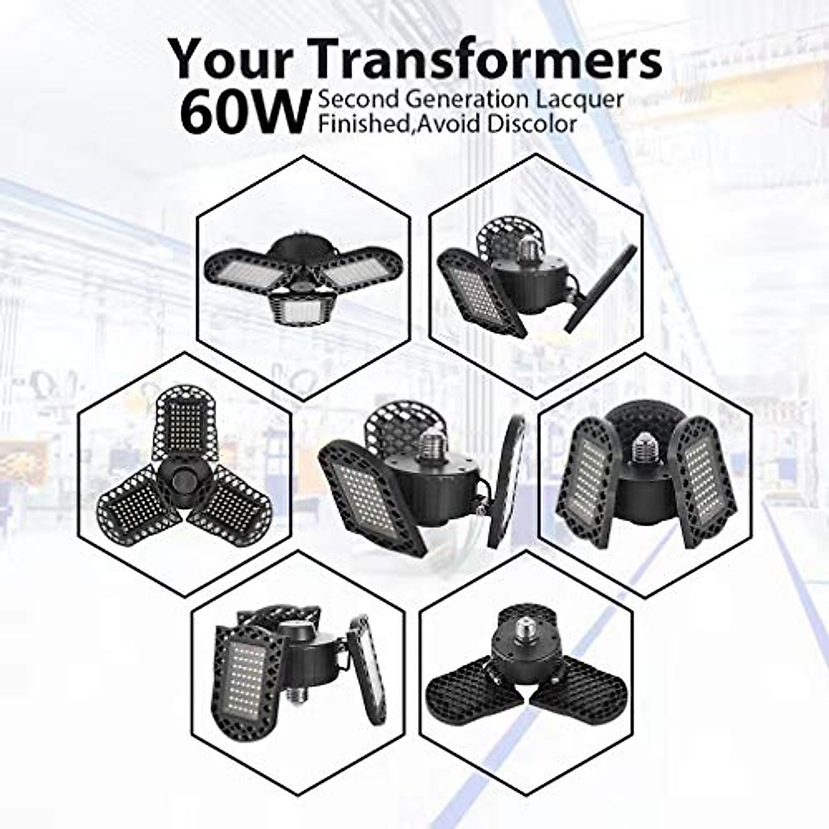 2 Pack LED Garage Lights, 60W Deformable LED Garage Ceiling Lights with 3 Adjustable Wings, 6000LM, E26 LED Shop Light for Warehouse, Workshop, Basement (No Motion Detection) (2 Pack, 60W)