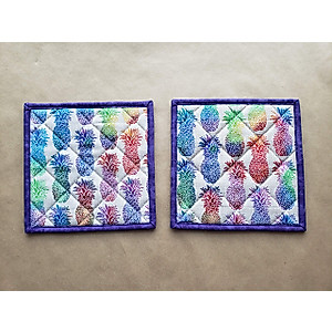 Rainbow Pineapple Potholders Set of 2 Handmade Hospitality Hostess Gifts Under 20 Summer Kitchen Linens Insulated Hot Pads Pair Quilted Trivets Charleston SC Themed Kitchen Decor