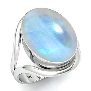 JEWELOPORIUM 925 Sterling Silver Ring for Women Size 8.5 White Natural Rainbow Moonstone Stone Solitaire Silver Ring Christmas - Gift Costume Jewelry