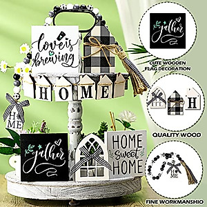 Spakon 14 Pieces Farmhouse Tiered Tray Decor Black White Buffalo Plaid Christmas Decor Wood Bead Garland with Tassel for Rustic Home Sweet Home Farmhouse Xmas Gift(Home Style)