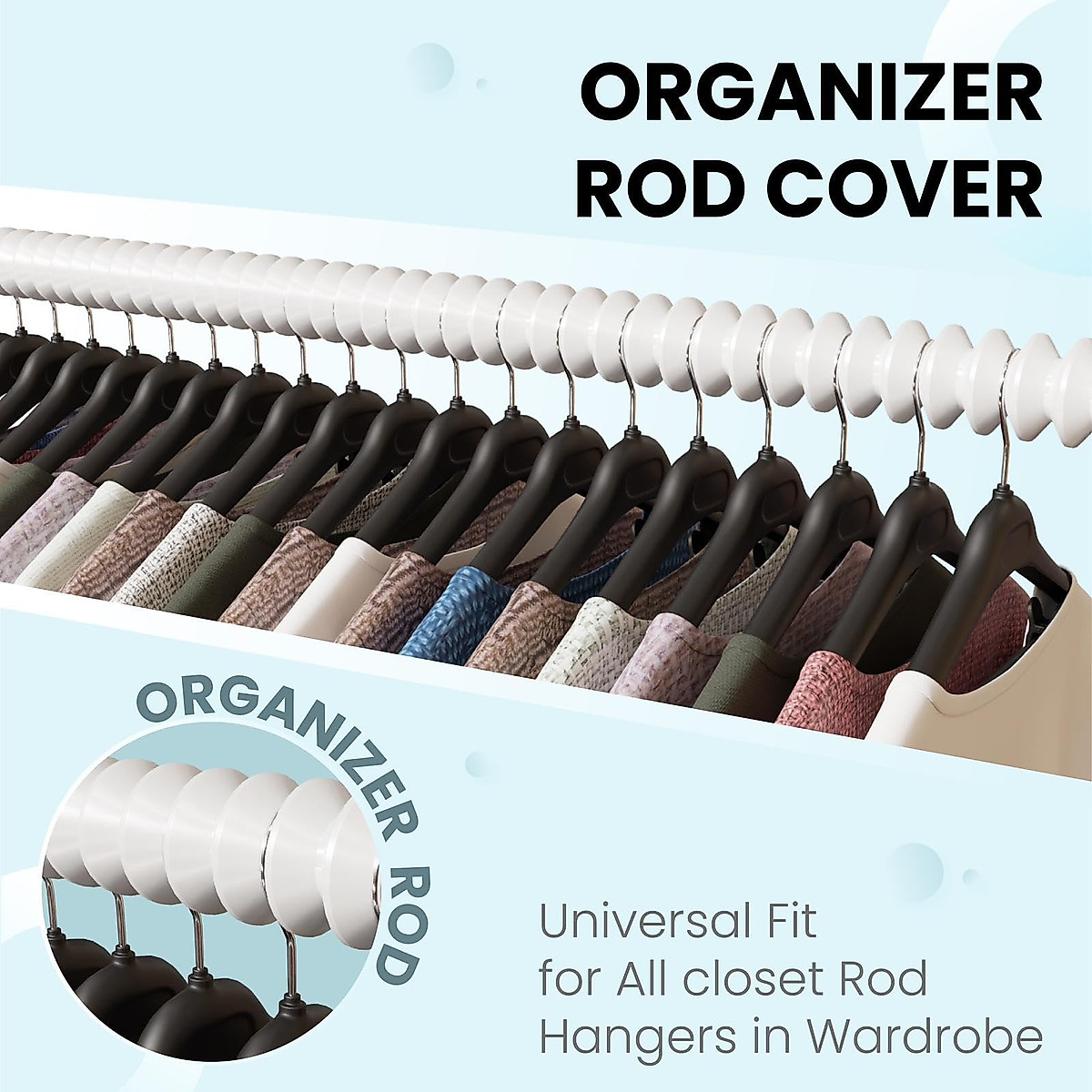 ClosetCadet Closet Organizer Rod Cover for Hanging Clothes - Plastic Rod Covers Sleeve - Protective Cover Rod Women & Men Clothes - Organizer Rod Hanger Universal Fit for All Closet Rods & Wardrobe