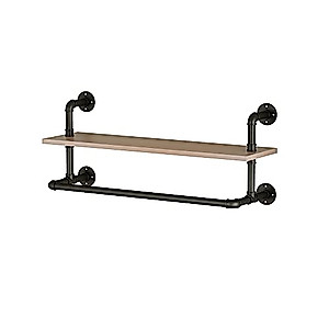 MAIKAILUN Wall Mounted Clothes Rack with Wood Shelf,36" Long Industrial Pipe Clothing Rack with Shelf Heavy Duty Iron Garment Rack Bar,Retail Display Clothes Rod for Clothes,Laundry Room,Black