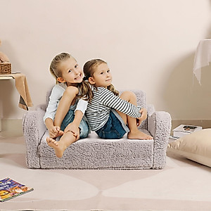 MOMCAYWEX Kids Extra Wide Chairs for Toddler, 2-in-1 Toddler Soft Sherpa Couch Fold Out, Convertible Sofa to Lounger for Girls and Boys, Grey