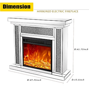 AUWHALEUS Mirrored Electric Fireplace with Remote Control and Mantel, Faux Diamonds Decor Freestanding Fireplace, Adjustable 3D Flame Effect Heater Firebox for Living Room, Silver