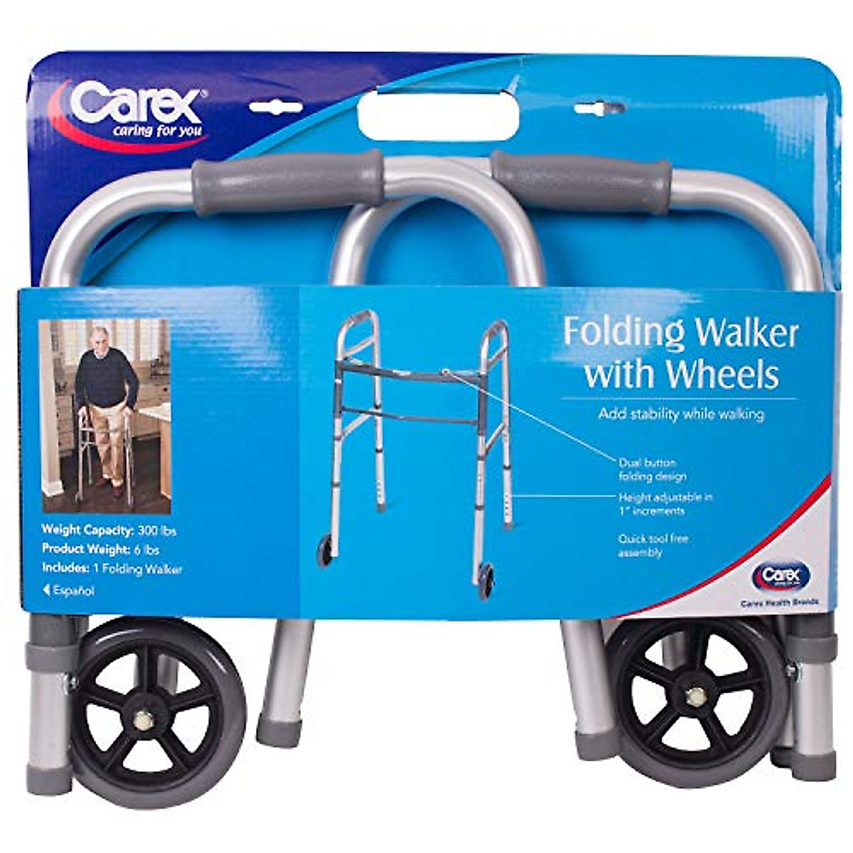 Carex Folding Walker for Seniors - Adult Walker With Wheels - Portable Medical Walker with Adjustable Height, 30-37 Inches, Aluminum, Lightweight