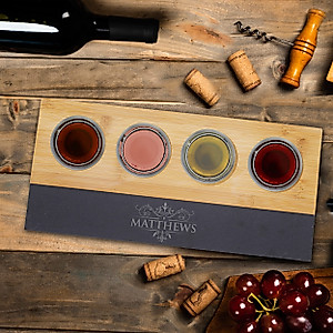 Custom Personalized Wine Flight Tasting Sampler Paddle Board and 4 Glasses Set - 12" x 6" Slate and Bamboo