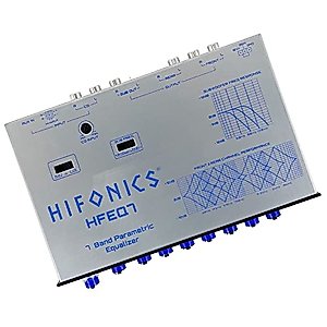 Hifonics HFEQ7 7-Band 9 Volts 1/2 DIN Pre-Amp Car Audio Graphic Equalizer with Front 3.5mm Auxiliary Input, Rear RCA Auxiliary Input and High Level Speaker Inputs Black