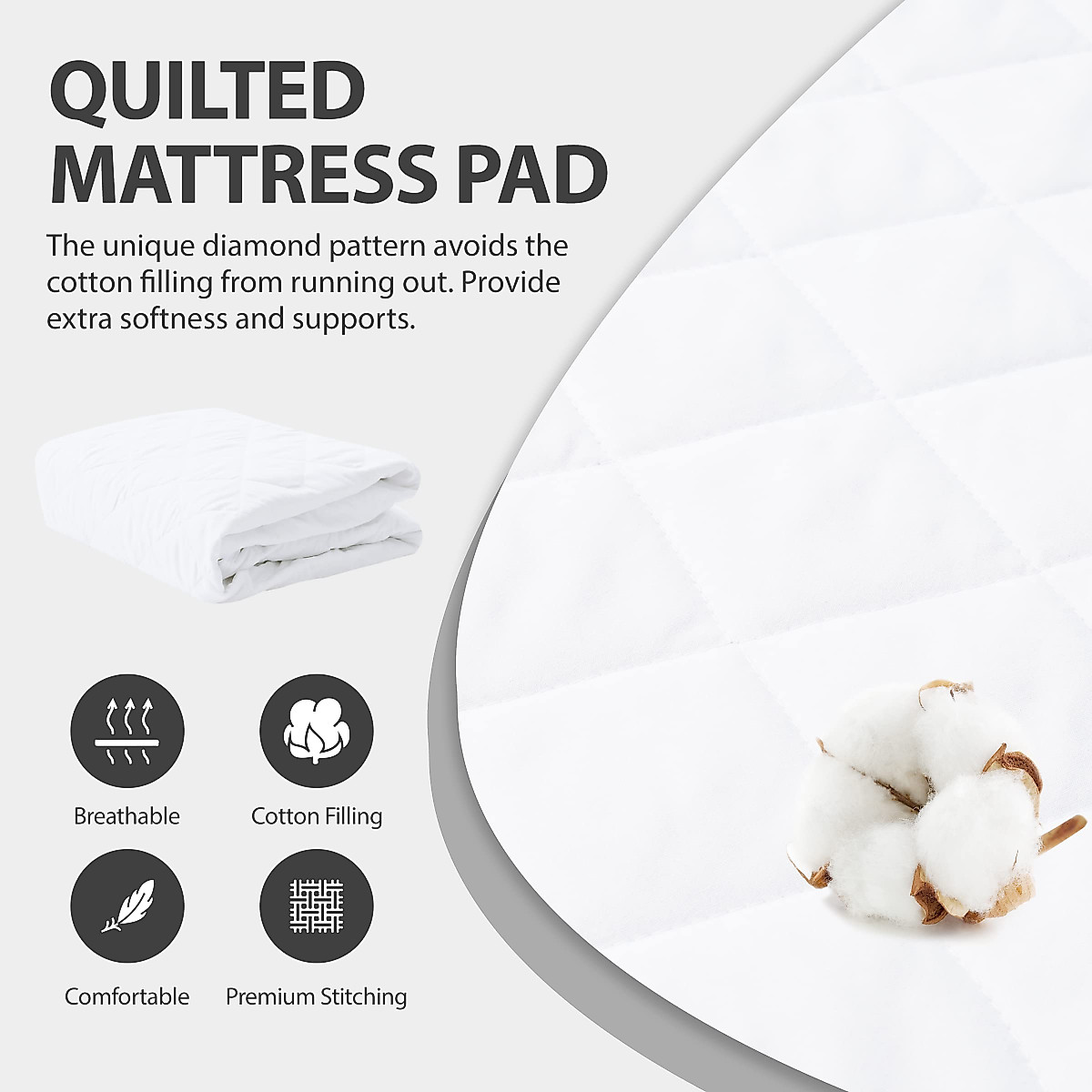 King Size Quilted Fitted Mattress Pad, Waterproof Breathable Soft Mattress Protector, Deep Pocket Fitted Style Bed Cover, Vinyl-Free