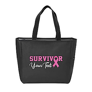 Personalized Breast Cancer Awareness Zippered Tote Bag - Breast Cancer Survivor Gifts for Women - Black